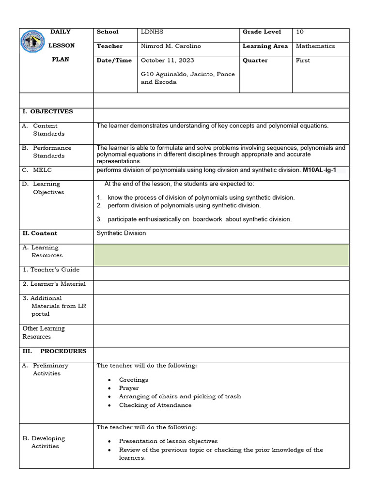 DLP-October-11-Q1-W6-Day-3-Syn-Div | PDF | Inquiry Based Learning ...