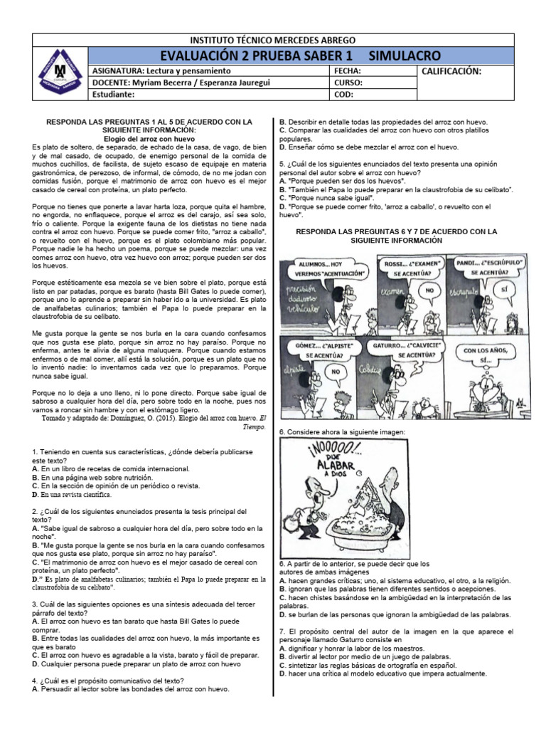 Eval. 2 Prueba Saber 1 Simulacro - Plantilla | PDF | Carne | Feminismo