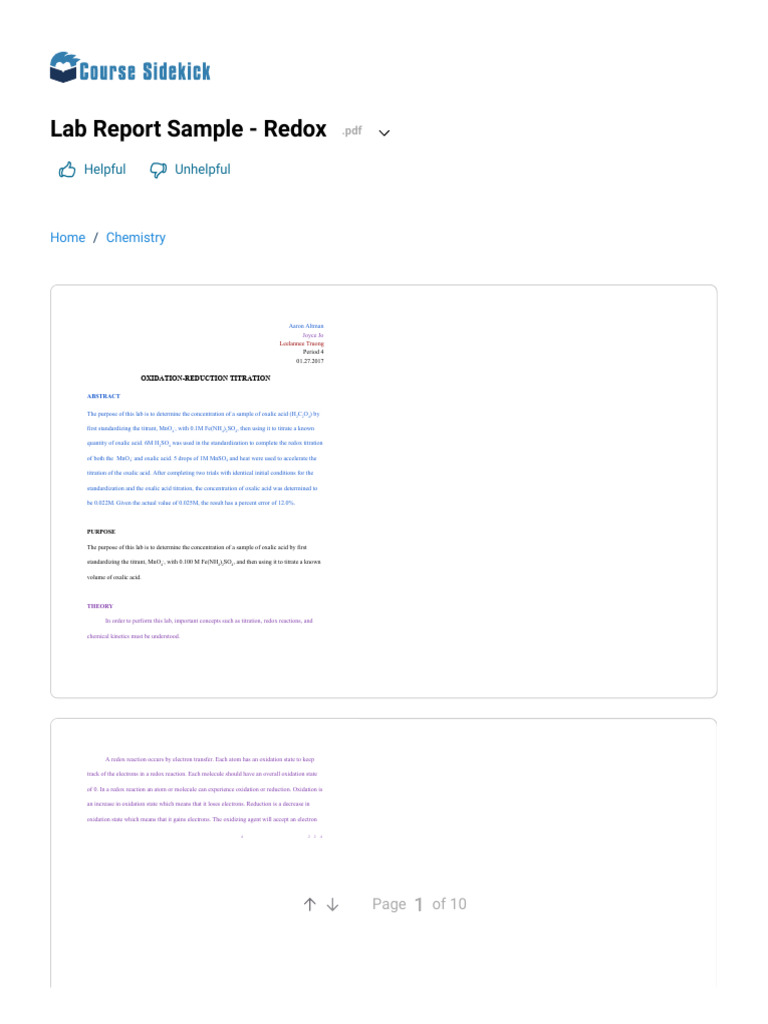 Lab Report Sample - Redox (PDF) - Course Sidekick | PDF | Titration ...