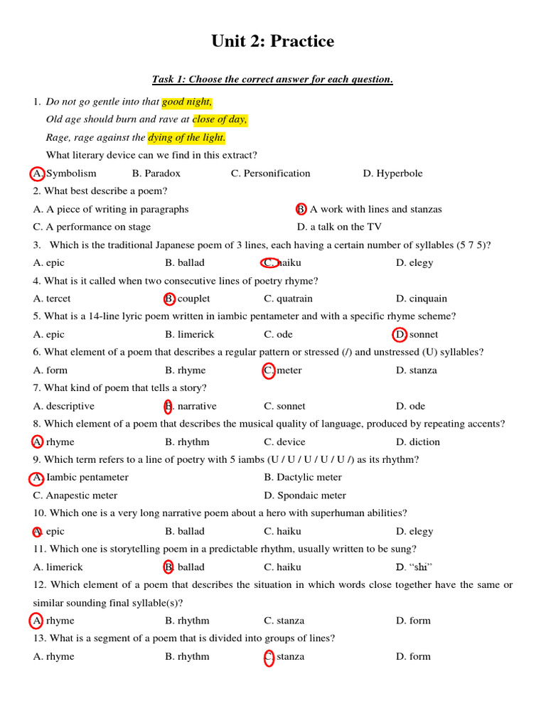 Unit 2 Practice | PDF | Poetry | Metre (Poetry)