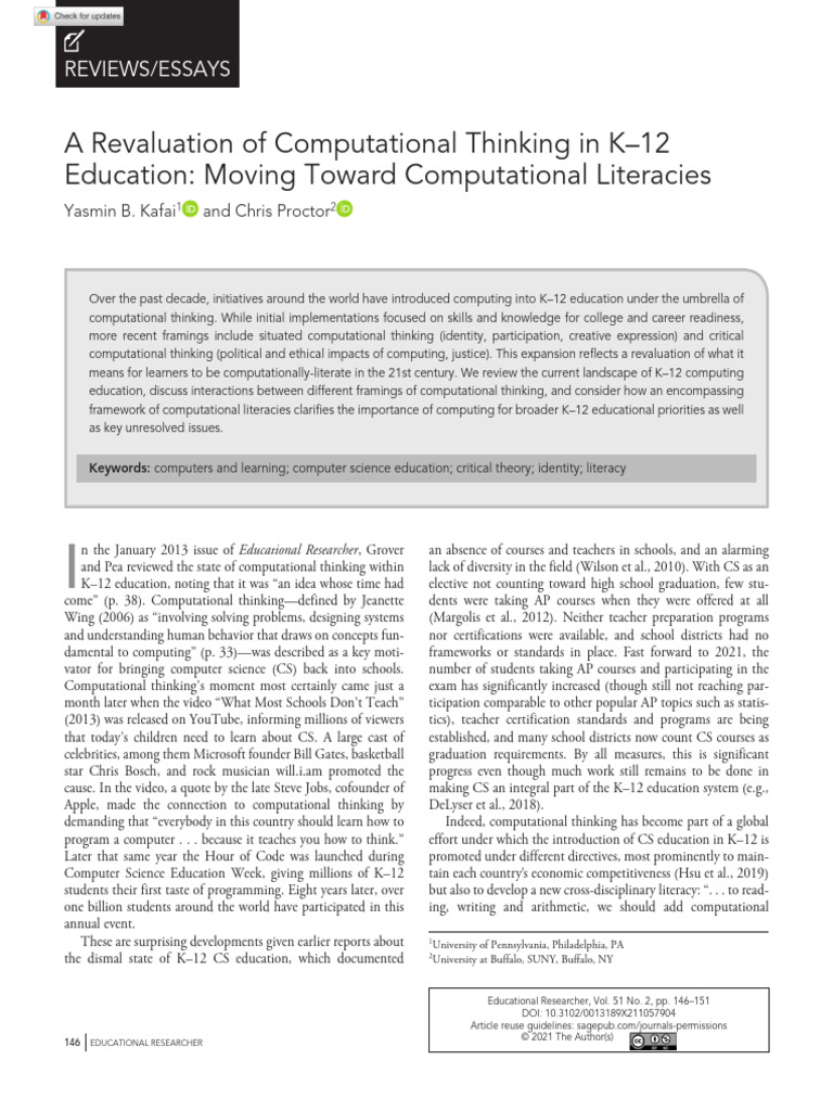 Kafai Proctor 2021 A Revaluation of Computational Thinking in K 12 Education Moving Toward ...