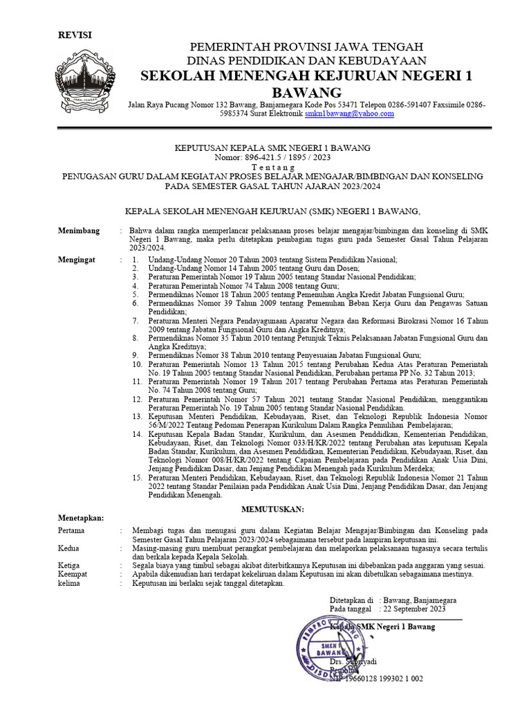 SK Pembagian Jam Mengajar - 2023-2024 SMKN 1 Bawang | PDF