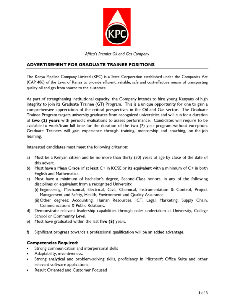 Advertisement For Graduate Trainee Positions: Africa's Premier Oil and ...