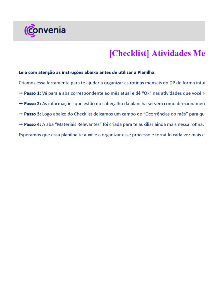 Checklist Convenia - Atividades Mensais Do DP 4 | PDF | Informática