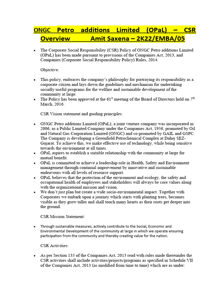 OPaL CSR & Sustainability Report - Engaging in A Larger Role | PDF ...