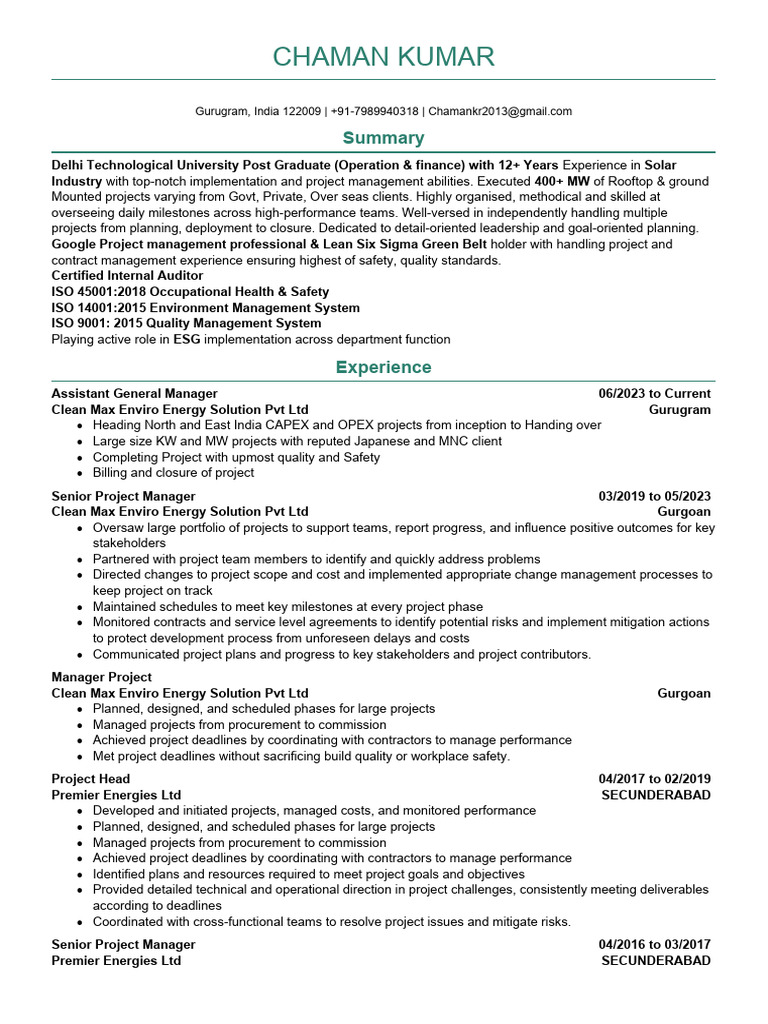 CopyofCopyofChaman Kumar CV | PDF | Project Management | Procurement