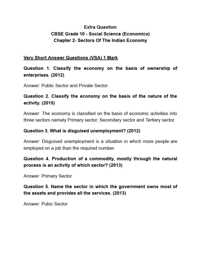 Extra Question CBSE Grade 10 - Social Science (Economics) Chapter 2 ...