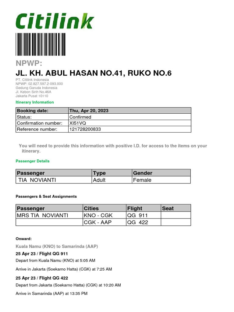 Xi51vq Mrs Tia Novianti Kno - CGK - Aap | PDF