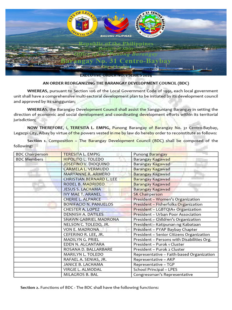 1 EO BDC BARANGAY DEVELOPMENT COUNCIL | PDF | Government | Justice