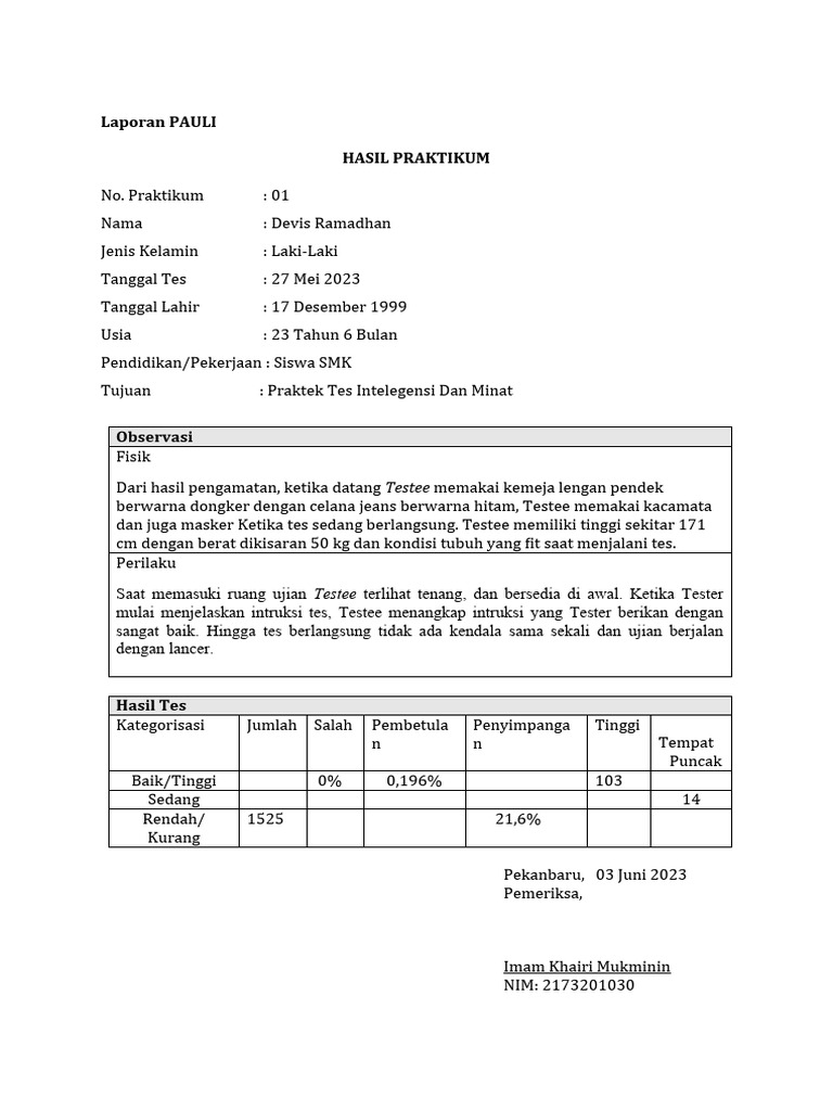 LAPORAN TES PAULI Devis | PDF