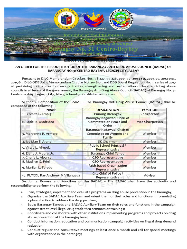 8 Eo Reconstitution of The Barangay Anti-Drug Abuse Council (Badac) | PDF