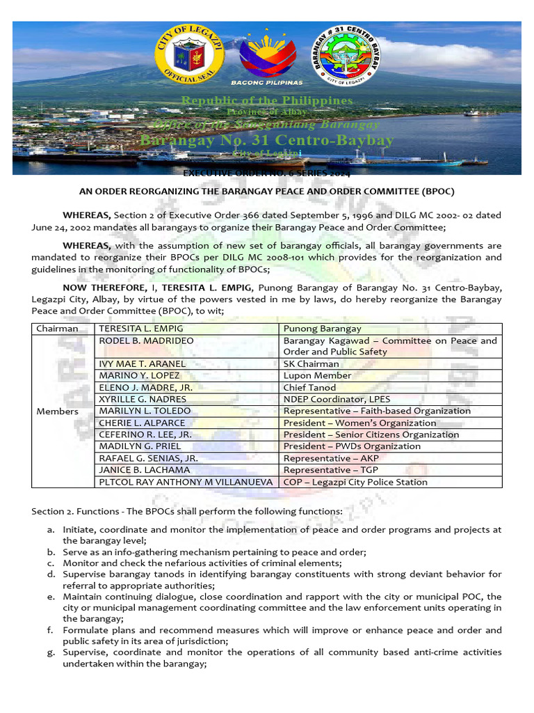 6 Eo Bpoc Barangay Peace and Order Council | PDF | Justice | Crime & Violence