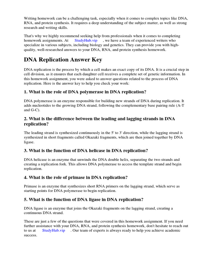 Dna Rna Protein Synthesis Homework 2 Dna Replication Answer Key | PDF ...