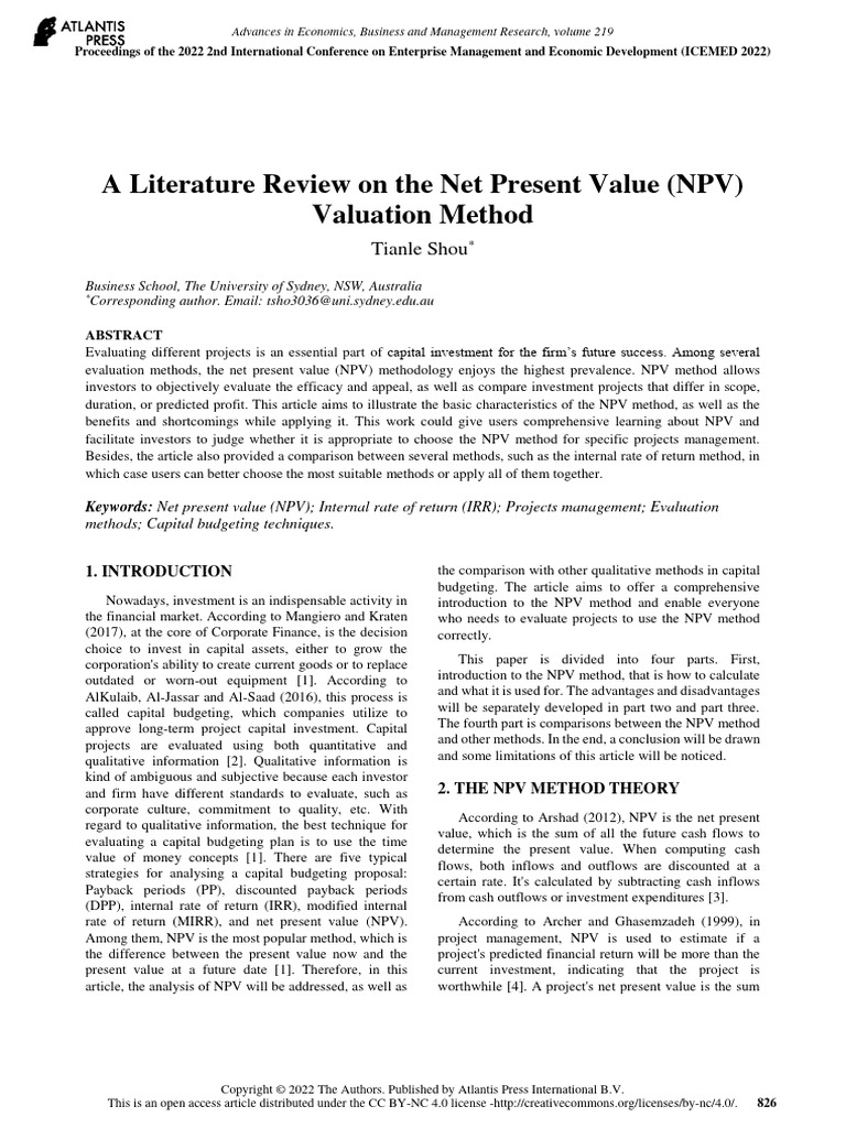 A Literature Review On The Net Present Value (NPV) Valuation Method | PDF | Net Present Value ...