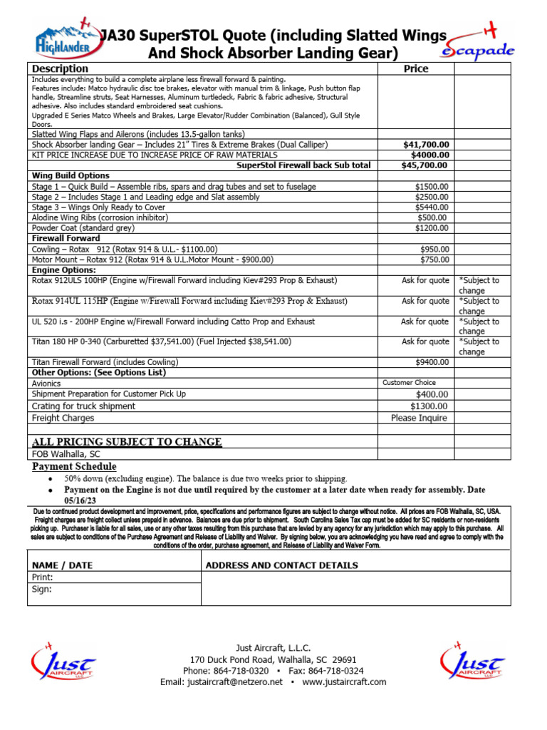 June 5th 2023 JA 30 Superstol Quote Including SW LG 1 | PDF | Landing ...