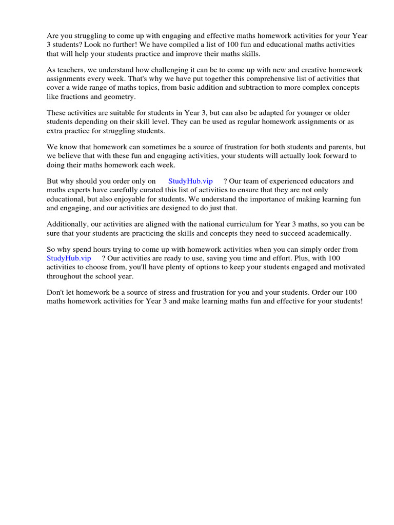 100 Maths Homework Activities Year 3 | PDF | Homework | Teachers