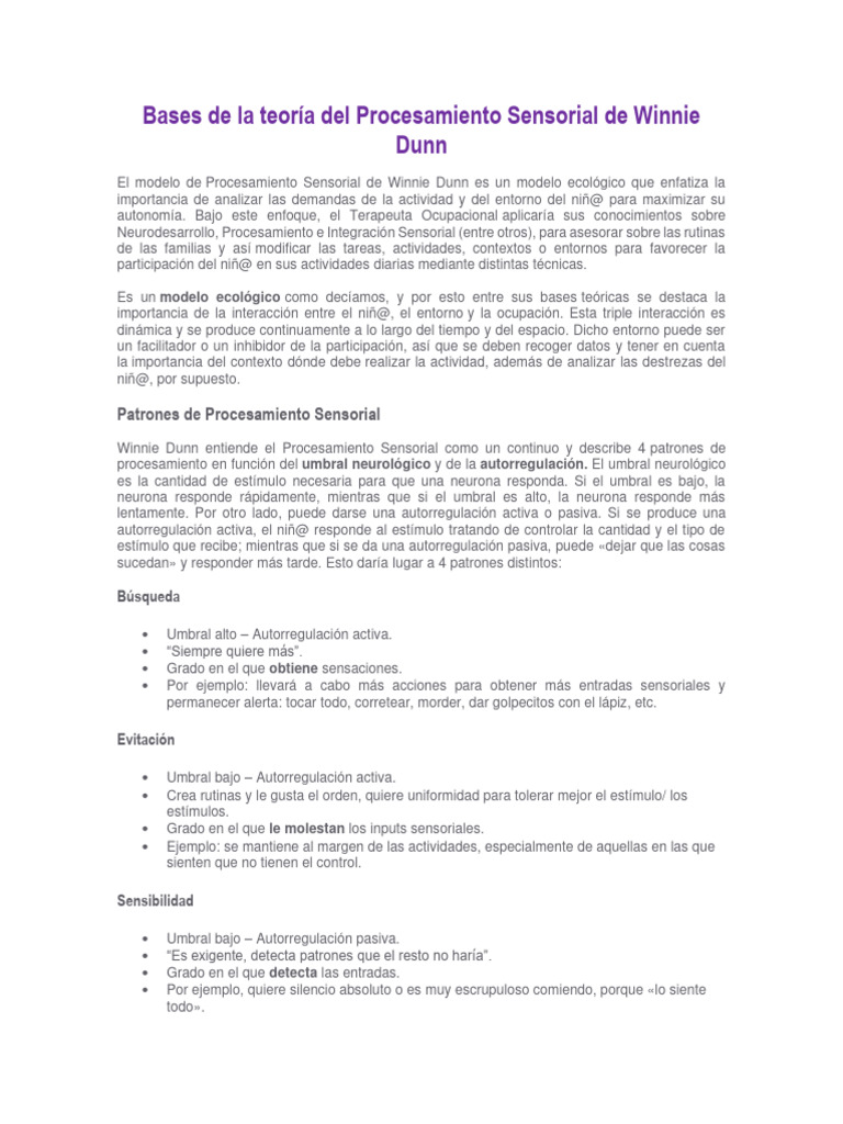 Bases de La Teoría Del Procesamiento Sensorial de Winnie Dunn | PDF ...