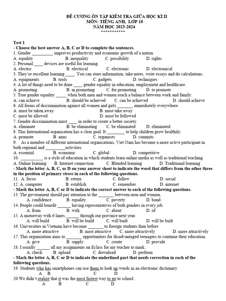 De Cuong On Tap KT Giua HK 2 Anh 10 NH 2023-2024 | PDF | Learning | Learning Styles