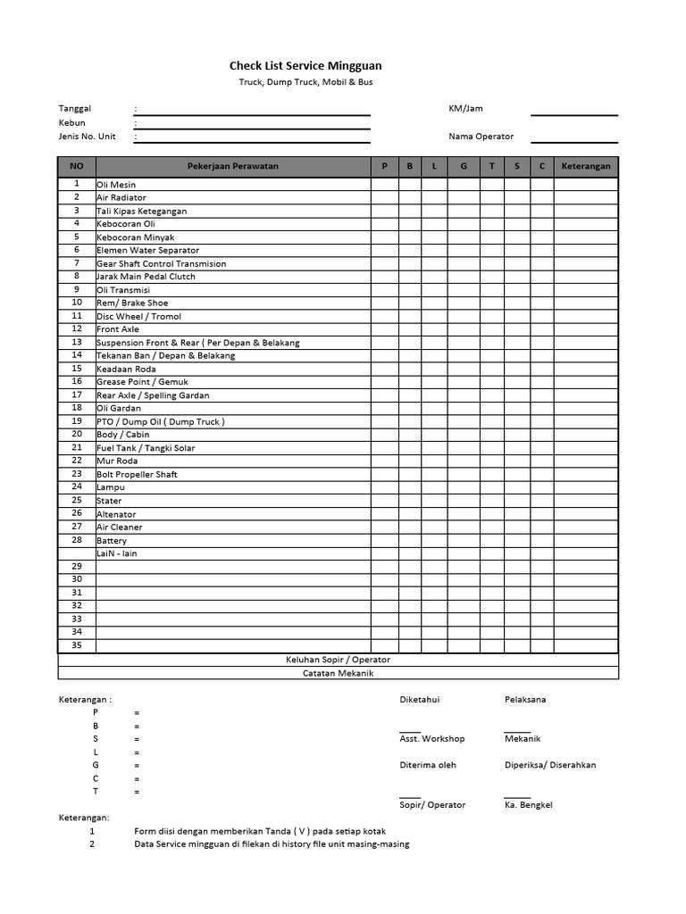 Checklist Perawatan Kendaraan Mingguan | PDF