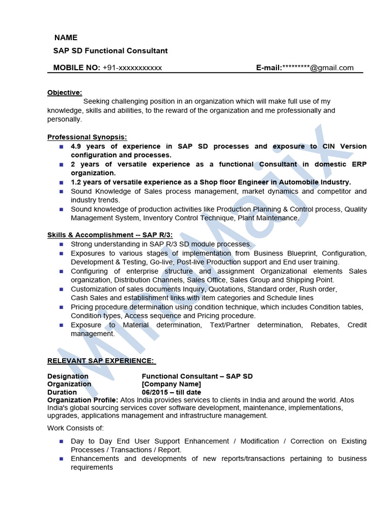 SAP SD Sample Resume 3 | Download Free PDF | Enterprise Resource ...