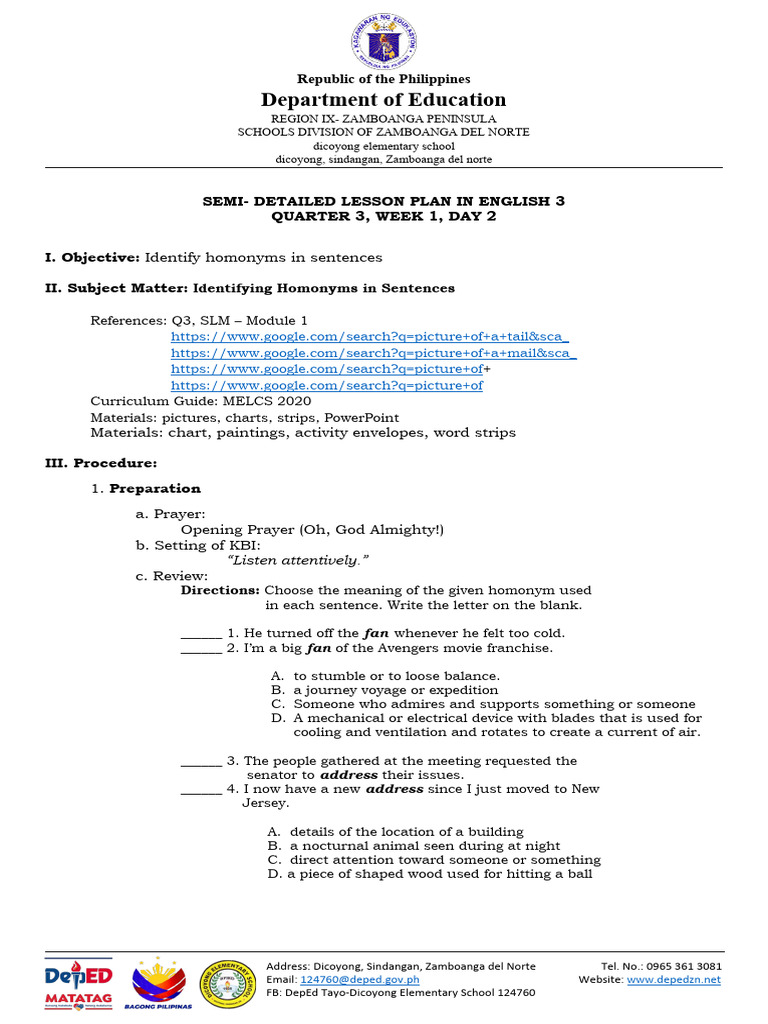 LESSON PLAN in ENGLISH 3 Q3, WK1, Day2 | PDF