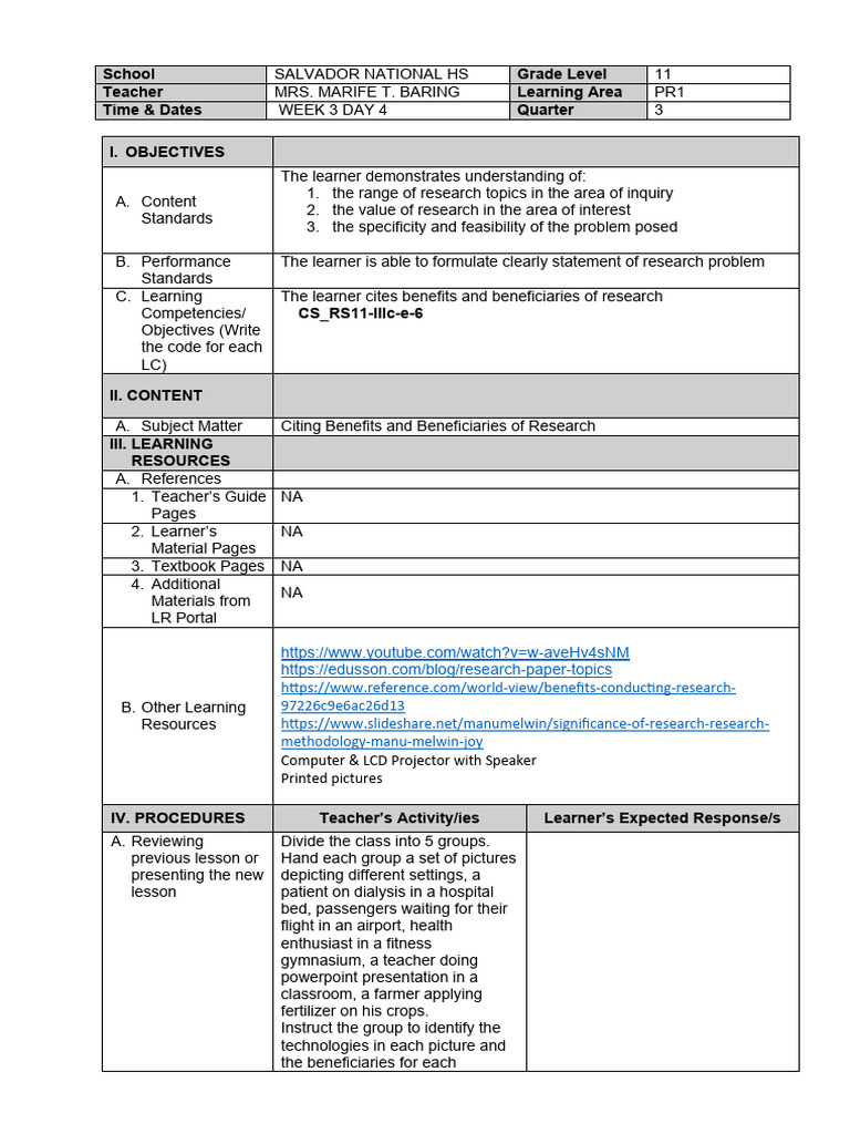 PR1 Q3 Week 3 Day 5 | PDF | Learning | Teachers