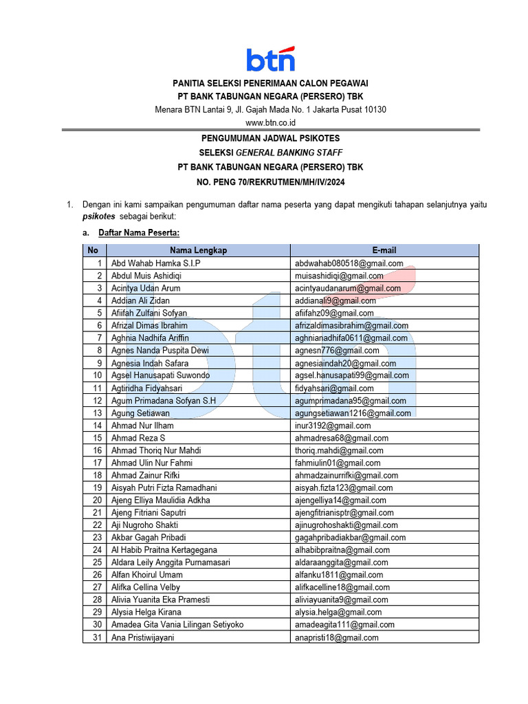70 Pengumuman Tes Psikologi GBS Hari Ke 2 | PDF