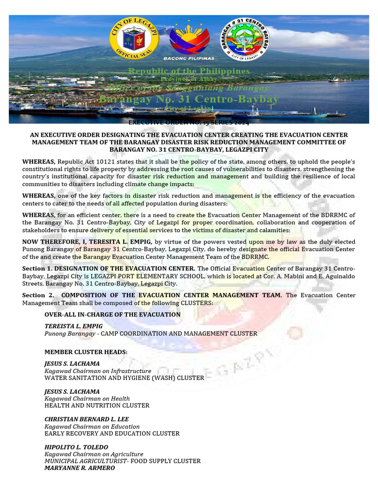 Barangay 31 Evacuation Center Order 2024 | PDF | Disaster Risk ...