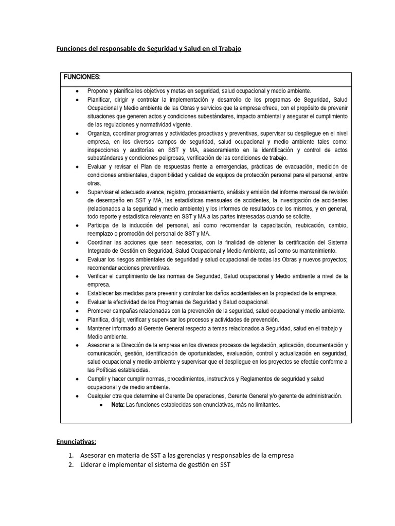 Funciones Del Responsable de Seguridad y Salud en El Trabajo | PDF ...