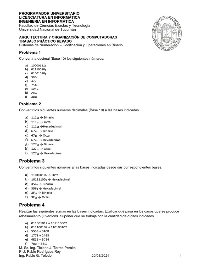 AyOCI TP0 Repaso Sistemas Numéricos 2024 | PDF | Poco | Decimal