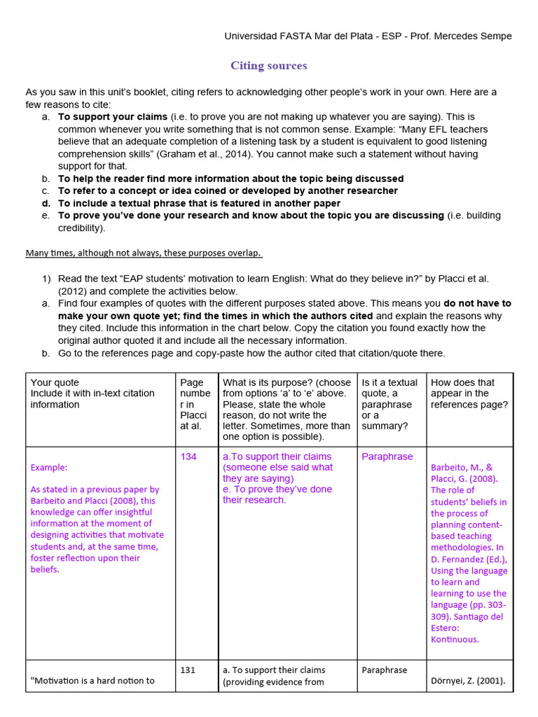 Citing Sources Activity - FASTA-3 | PDF | Motivational | Motivation