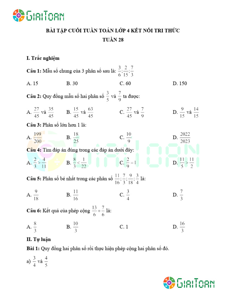 Bai-tap-cuoi-tuan-Toan-lop-4-KNTT-Tuan-28 | PDF