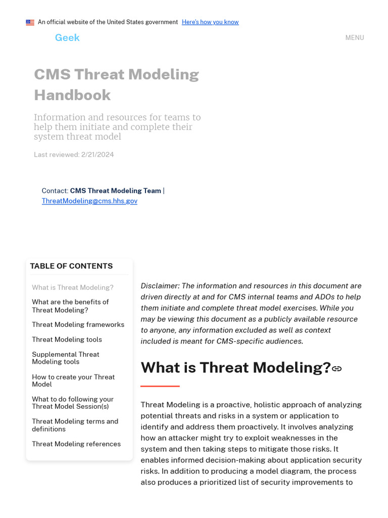 Cms Threat Modeling Handbook Cms Information Security And Privacy Group Pdf Threat Computer