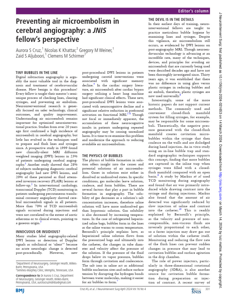 Preventing Air Microembolism in Cerebral Angiography: A JNIS Fellow's ...