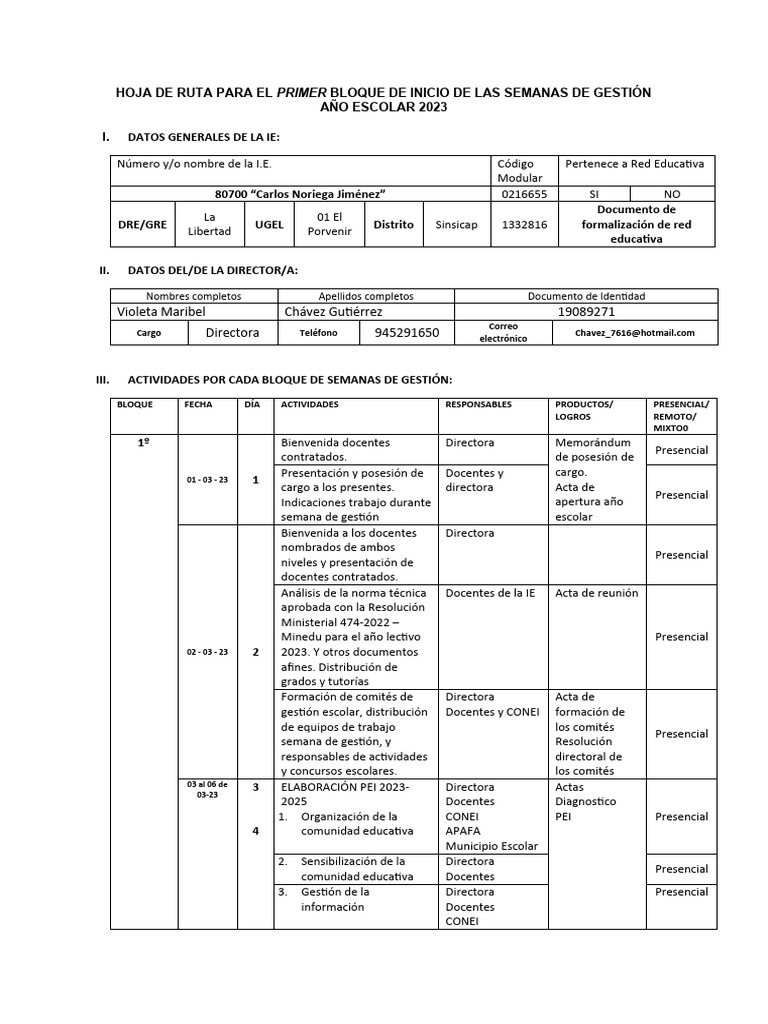 Hoja de Ruta para El Primer Bloque de Inicio de Las Semanas de Gestión Año Escolar 2023 ...