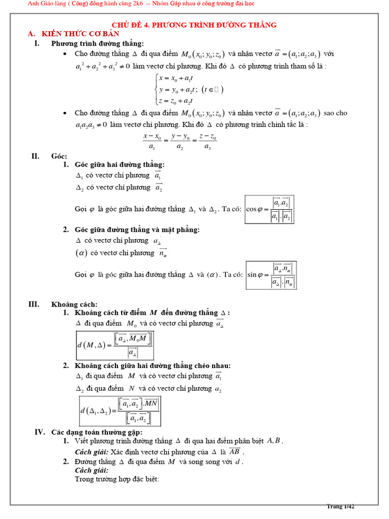 Tom Tat Ly Thuyet Va Bai Tap Trac Nghiem Phuong Trinh Duong Thang 1 | PDF