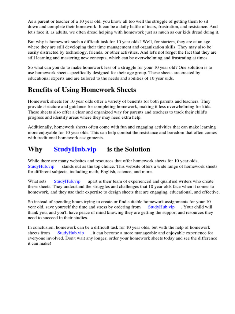 Homework Sheets For 10 Year Olds | PDF | Worksheet | Homework