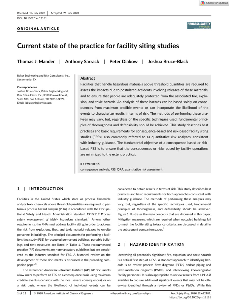 Process Safety Progress - 2020 - Mander - Current State of The Practice ...