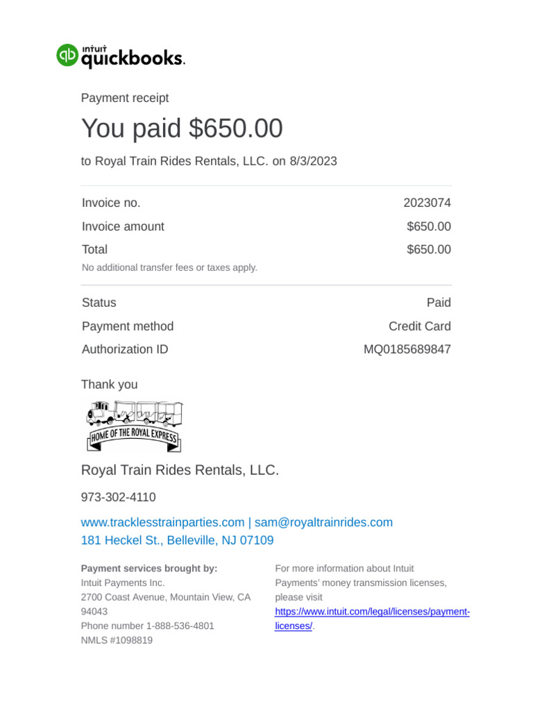 Intuit Payment Receipt for Royal Train Rides | PDF | Finance & Money ...