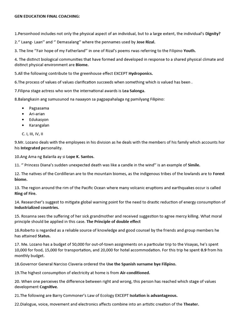 GEN EDUCATION FINAL COACHING | PDF | Philippines