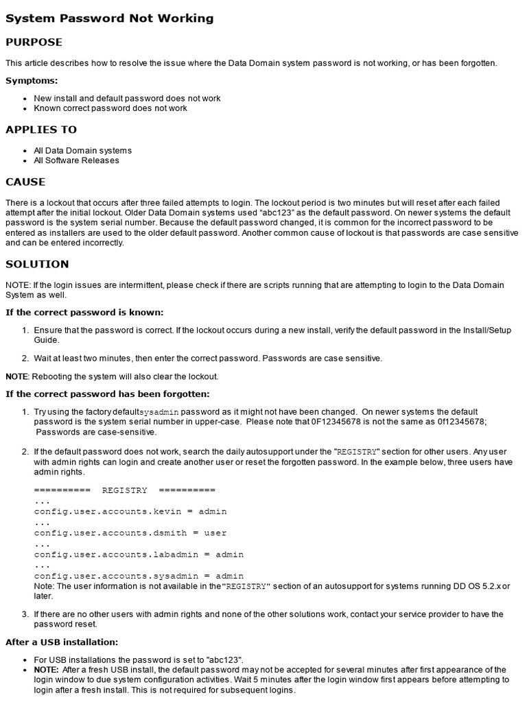 Data Domain Solution - System Password Not Working | PDF | Password | Windows Registry