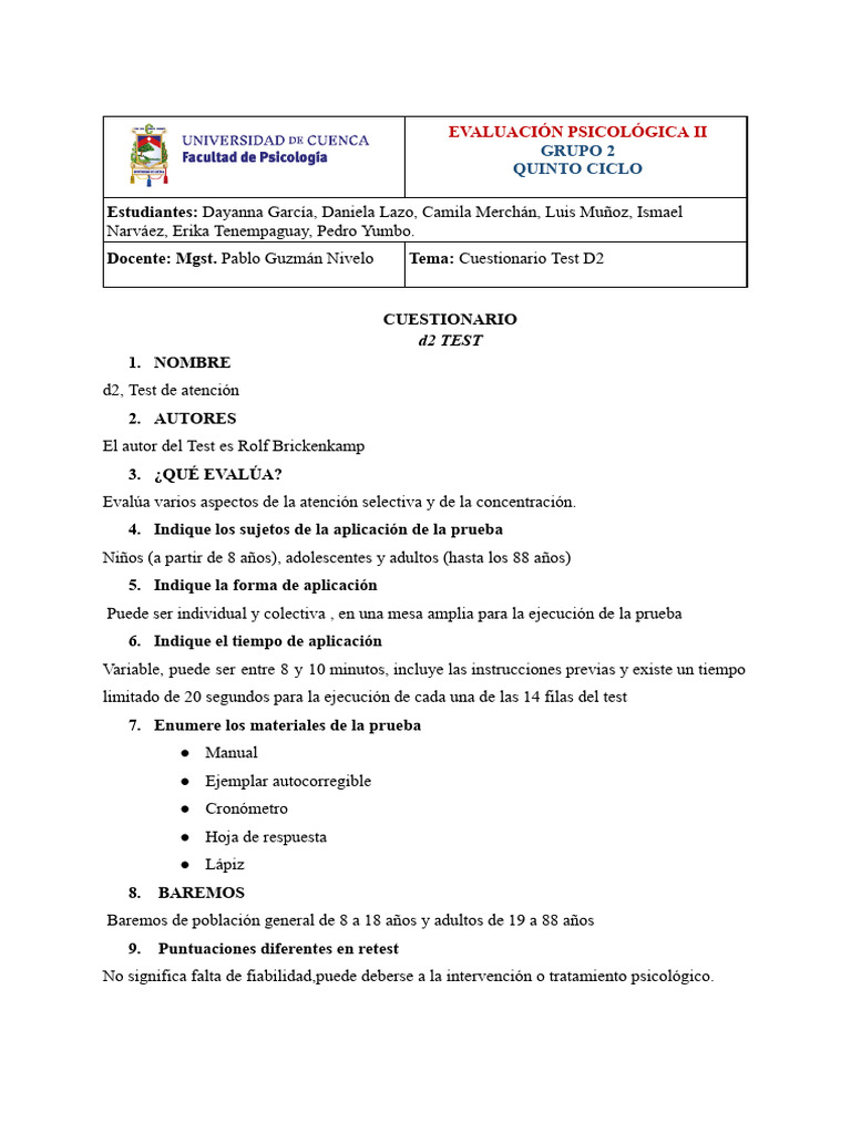 Cuestionario Test D2 de Atención | PDF