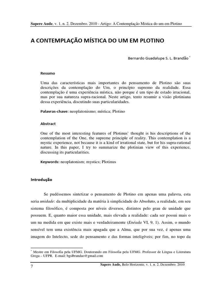 A Contemplacao Mistica Do Um em Plotino | PDF | Experiência | Amor