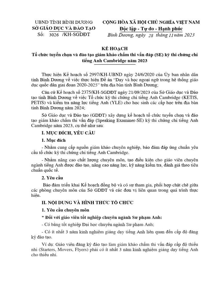 KH tập huấn và tuyển chọn Giám khảo chấm thi nói Cambridge năm 2023 | PDF