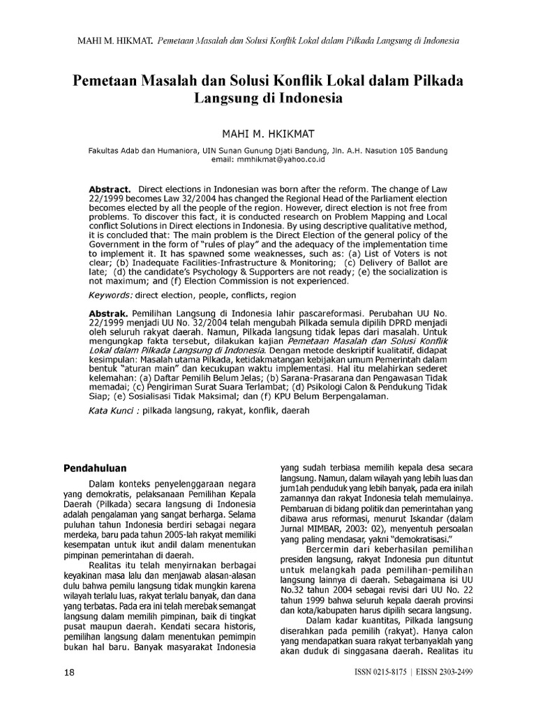 7491 ID Pemetaan Masalah Dan Solusi Konflik Lokal Dalam Pilkada Langsung Di Indonesia | PDF