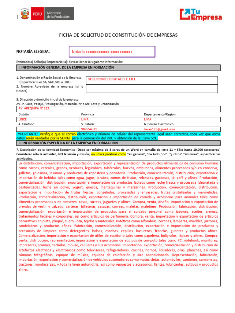 Ficha de Constitución - Eirl | PDF | Business