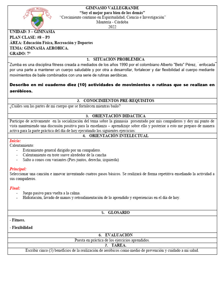 PLAN CLASE # 8 - P3 GIMNASIA AEROBICA ZUMBA | PDF | Aptitud física | Gimnasia