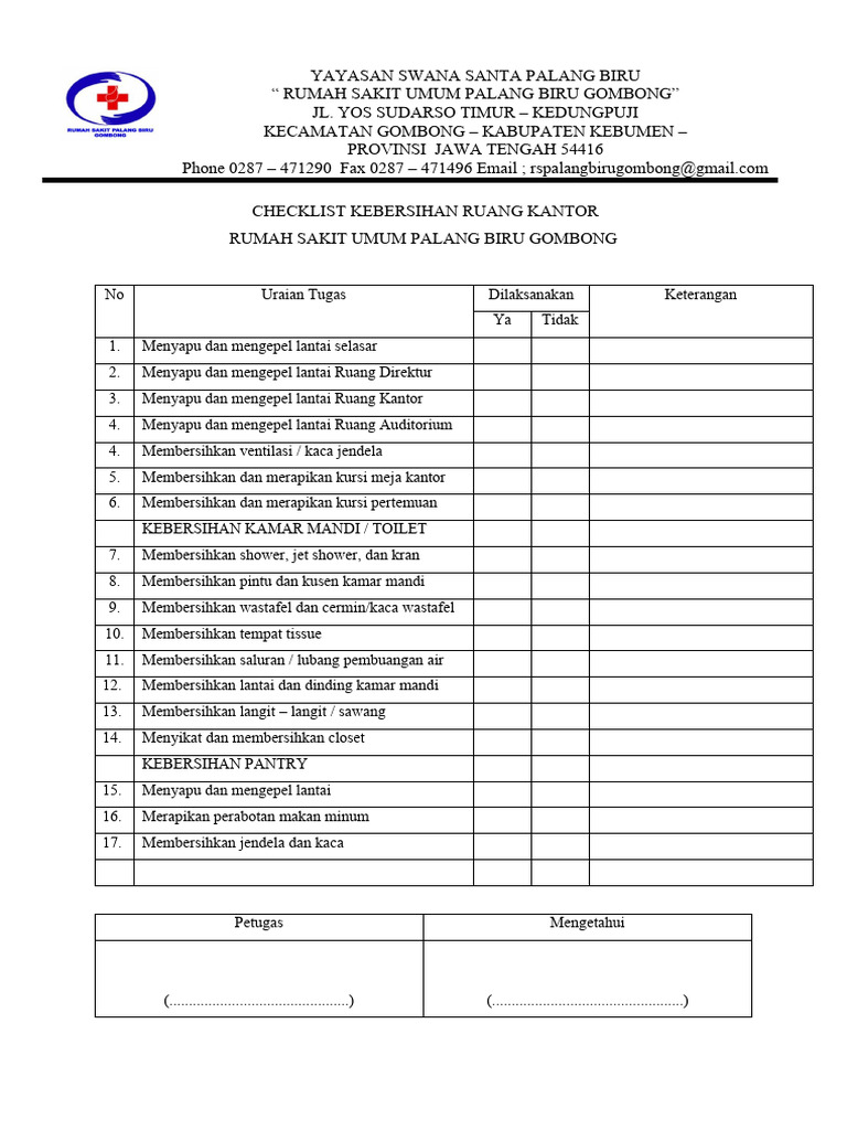 Checklist Kebersihan RS Palang Biru | PDF