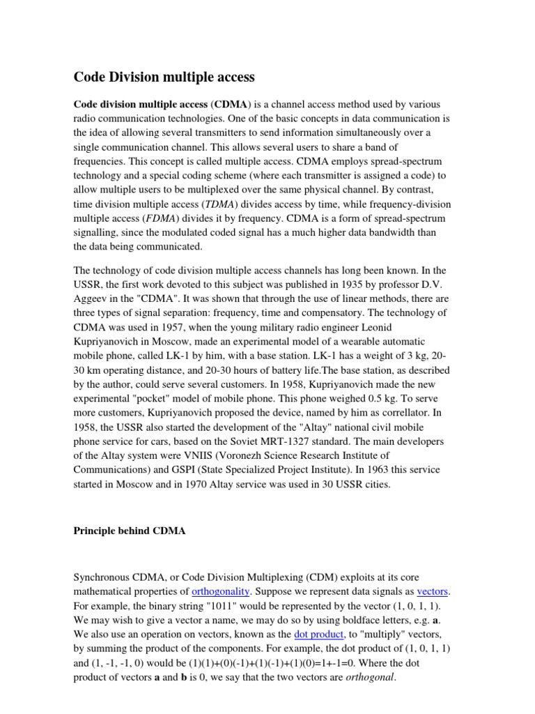 Code Division Multiple Access (CDMA) Is A Channel Access Method Used by Various | PDF | Code ...