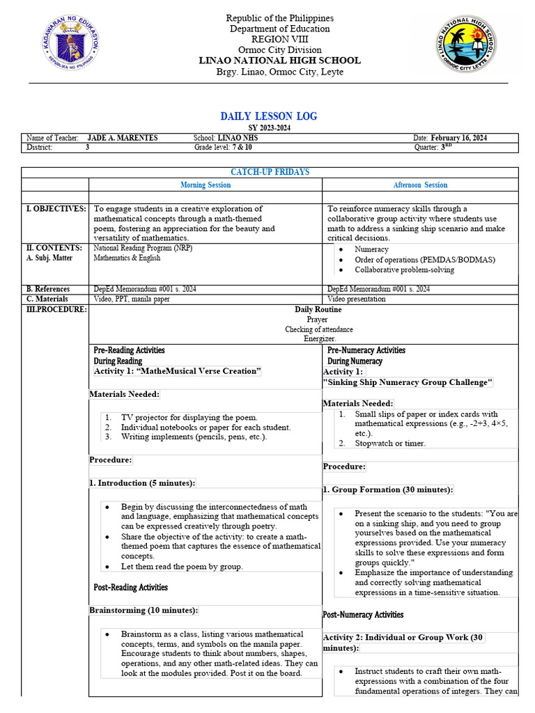 CATCH UP FRIDAY LESSON PLAN Feb 16 2024 | Download Free PDF ...